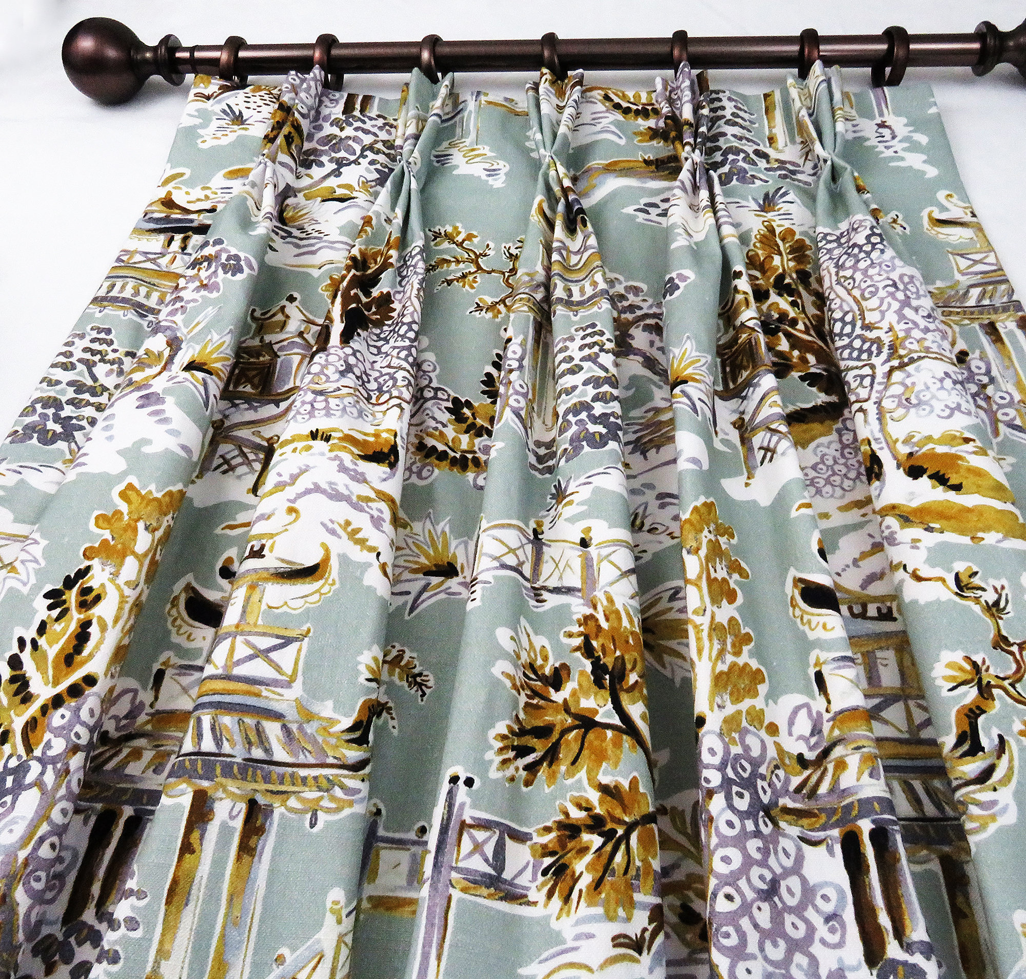 Pinch Pleat Curtains Drapes Panels, Chinoiserie Pagoda Gold Brown Gold ...