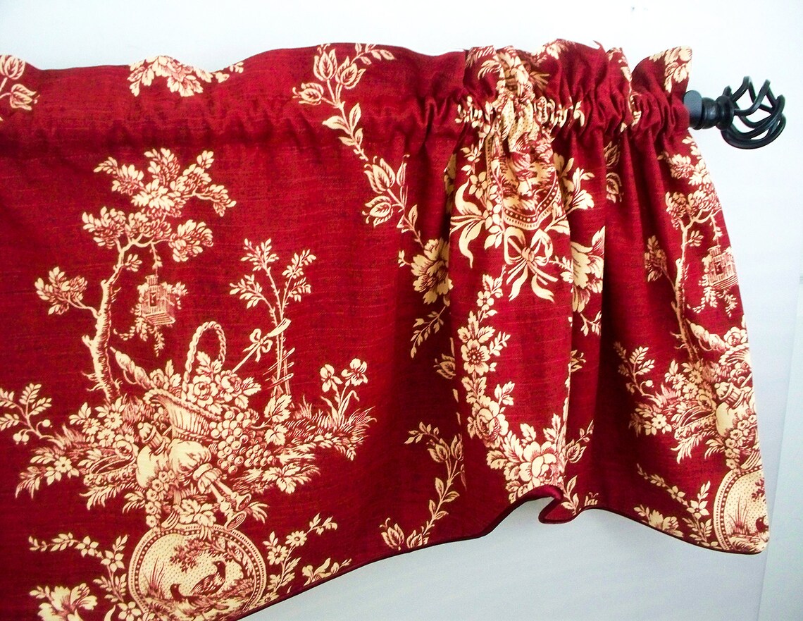 Pair of Red Toile Valances Red Scallop Rod Pocket Kitchen - Etsy