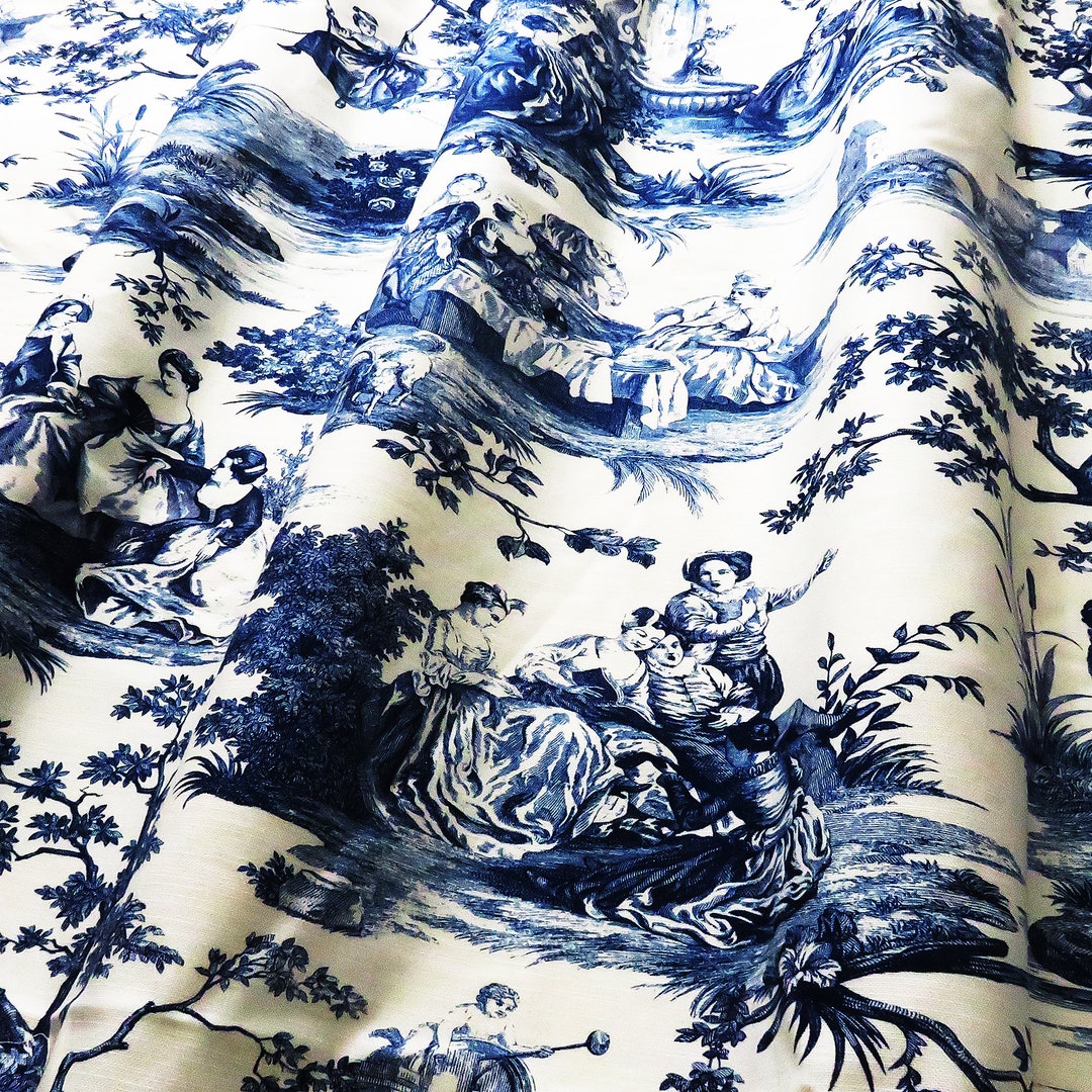 Navy Blue Toile Curtain Drapery Panels, Rod Pocket Drapes, Blackout ...