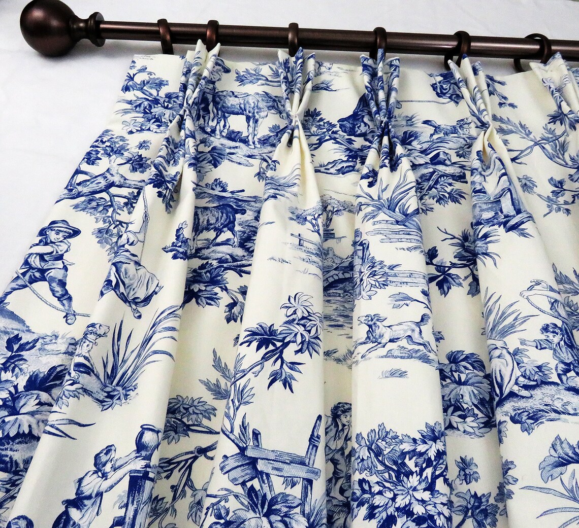 Navy Blue Toile Curtain Panel, Pinch Pleat Drapes, Lined Window ...