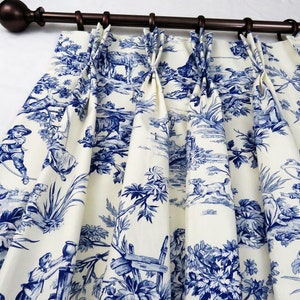 Toile Curtain Navy Blue White Panels Pinch Pleated 3 Fold Pleats Drapes ...