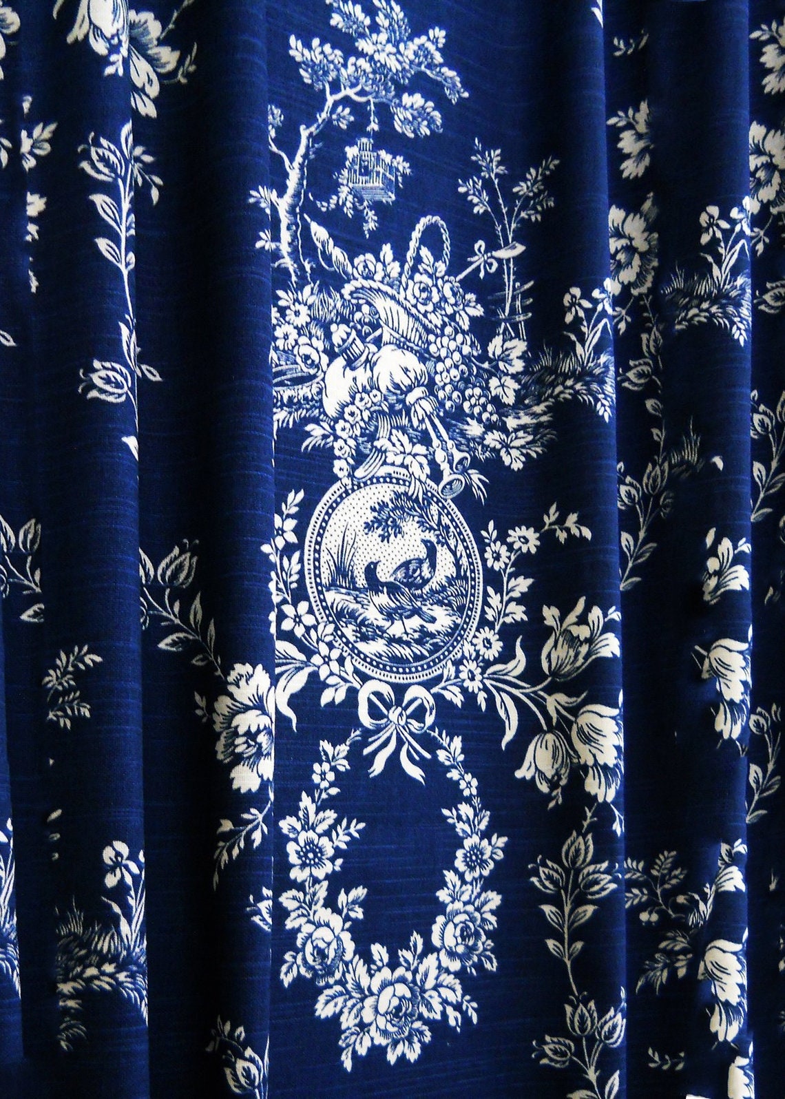 Navy Blue Toile Curtains Panels Bedroom Rod Pocket Floral - Etsy