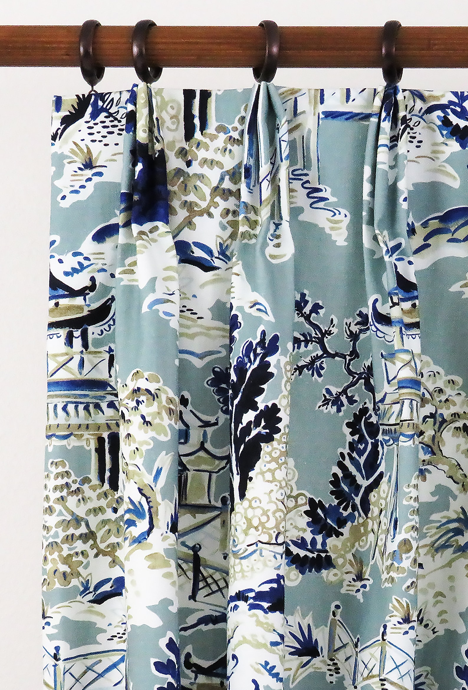Pinch Pleat Drapes Chinoiserie Pagoda Navy Blue Gold Green White ...
