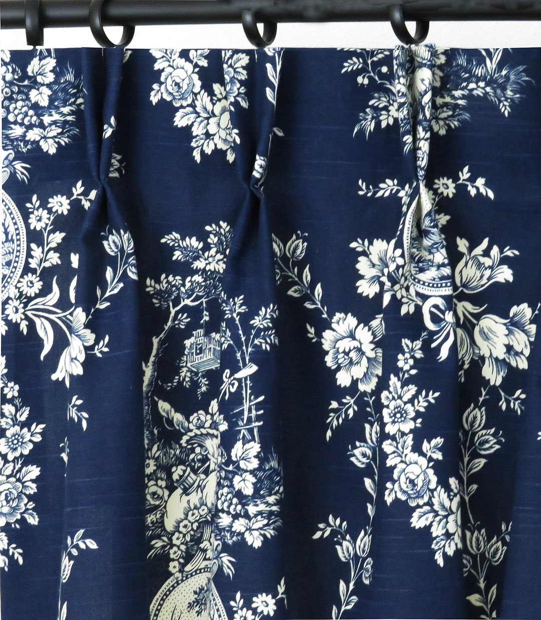 Navy Blue Drapery Panels Toile Pinch Pleated Lined Drapes Curtains ...