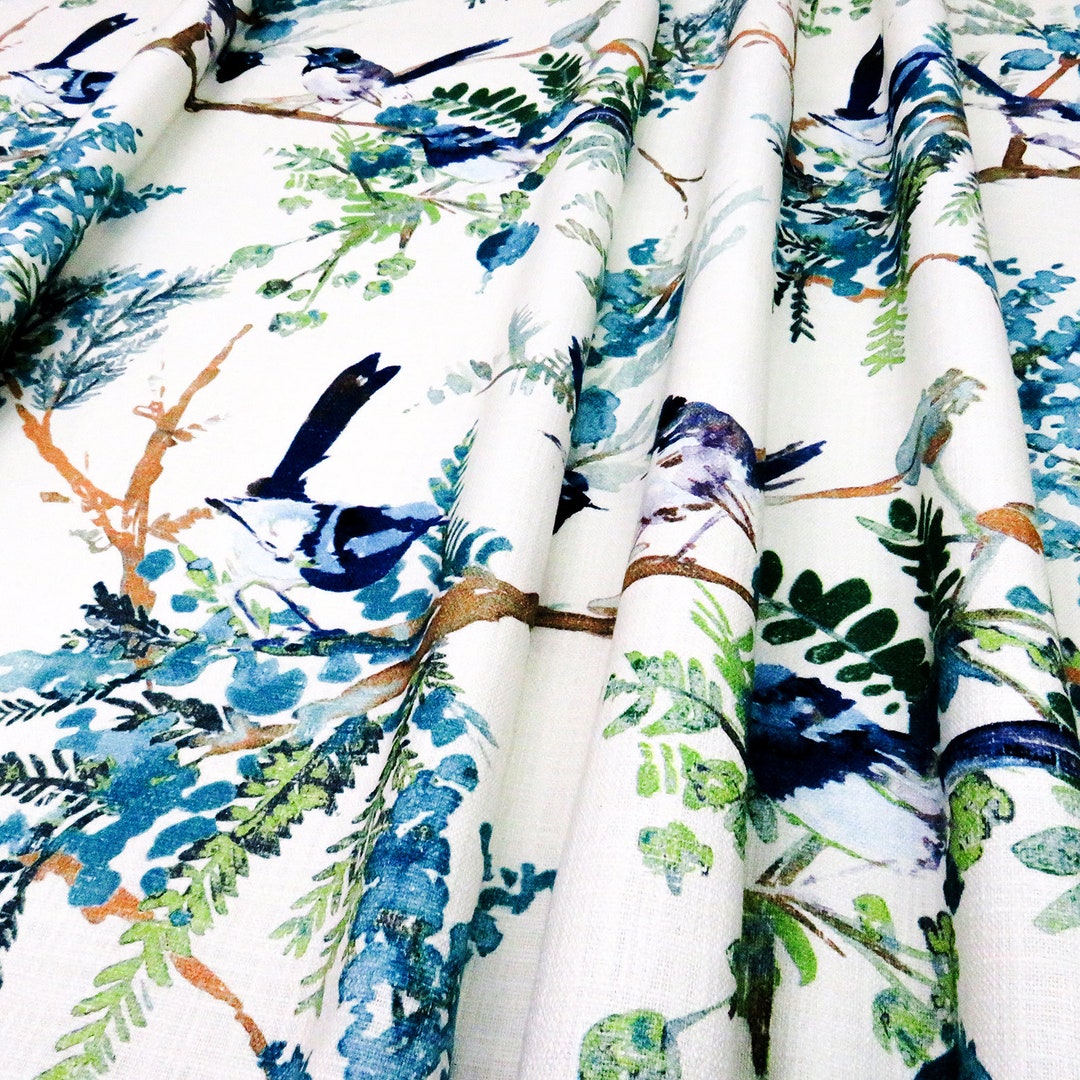 Triple Pinch Pleat, Bird Curtain Panels Custom Spring, Birds Ivory Blue ...
