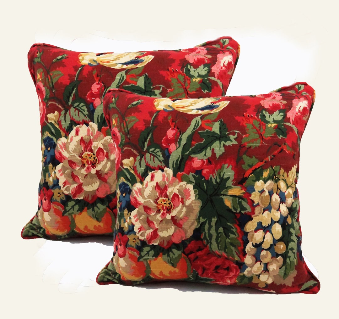 Set of 2 Red 20" X 20" Floral Square Decorative Throw Pillow Covers ...