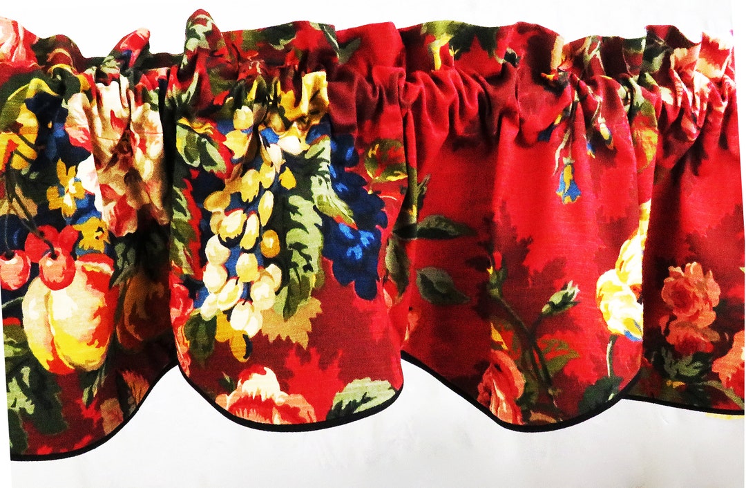 Red Floral Valance Curtains Scalloped Piping, Floral Roses Living Rooms ...