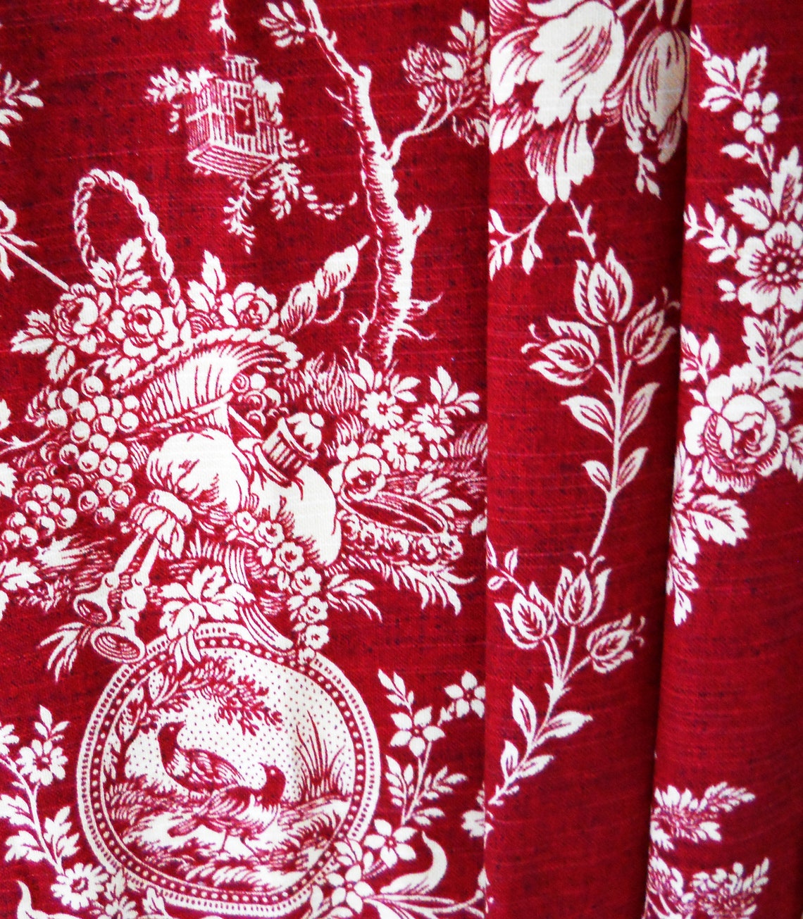 Toile Curtain Panels Red With Grommets Red Drapes Ivory Flowers French ...