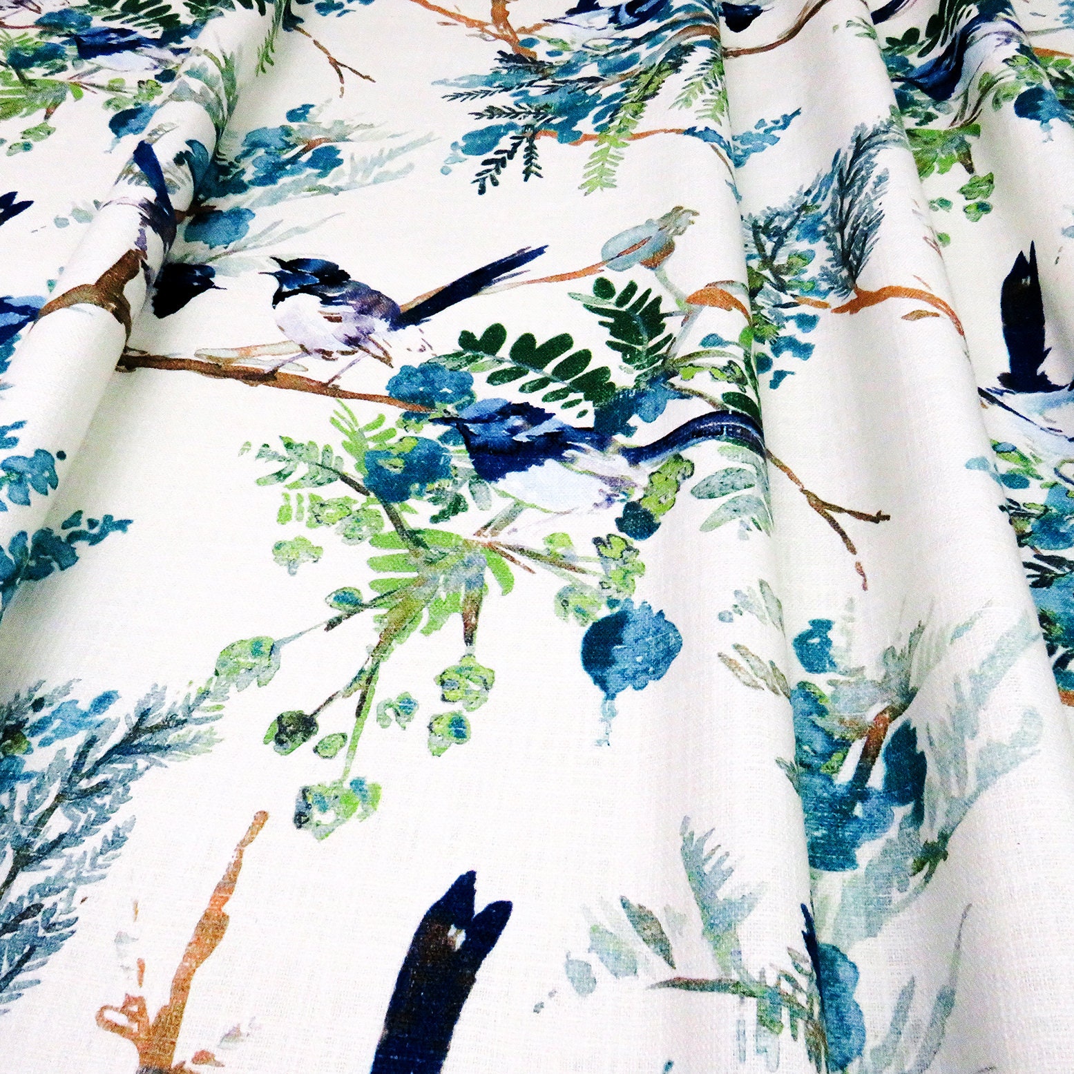 Triple Pinch Pleat, Bird Curtain Panels Custom Spring, Birds Ivory Blue ...