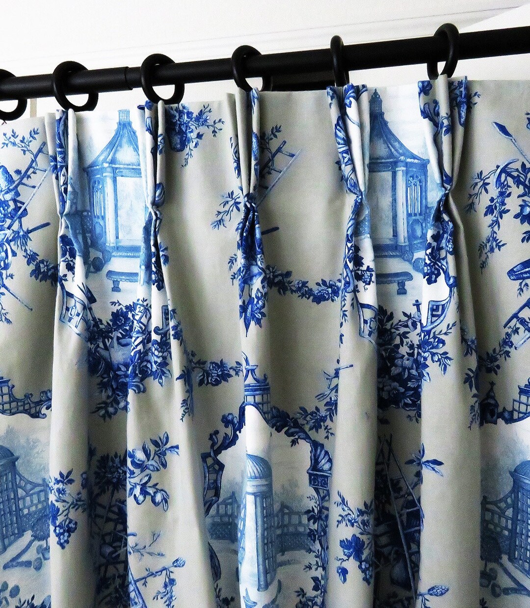 Toile Triple Pinch Pleat Wide Curtains Blue and White Curtain Panels ...