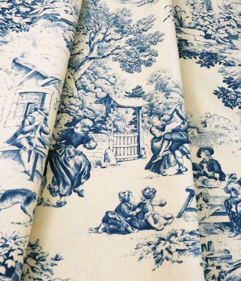 Blue and Beige Toile Curtain Panel Light Gold Ivory Drapery Panels ...