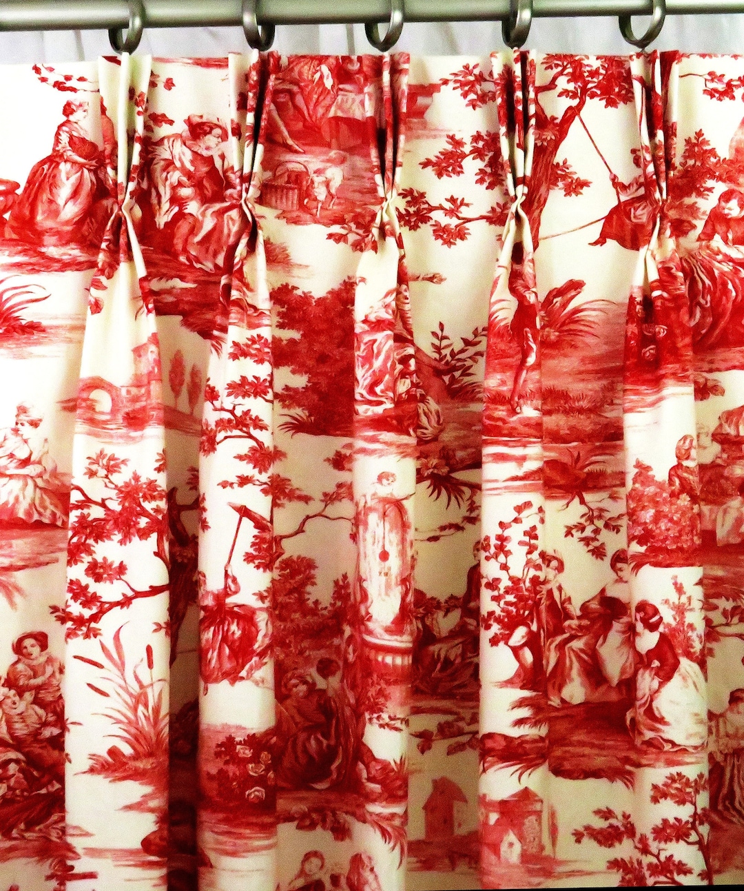 Red Toile Pinch Pleat Drapes Traverse Rod, French Curtains Panels, Red ...