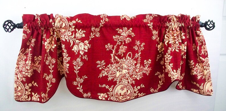 Pair of Red Toile Valances Red Scallop Rod Pocket Kitchen - Etsy