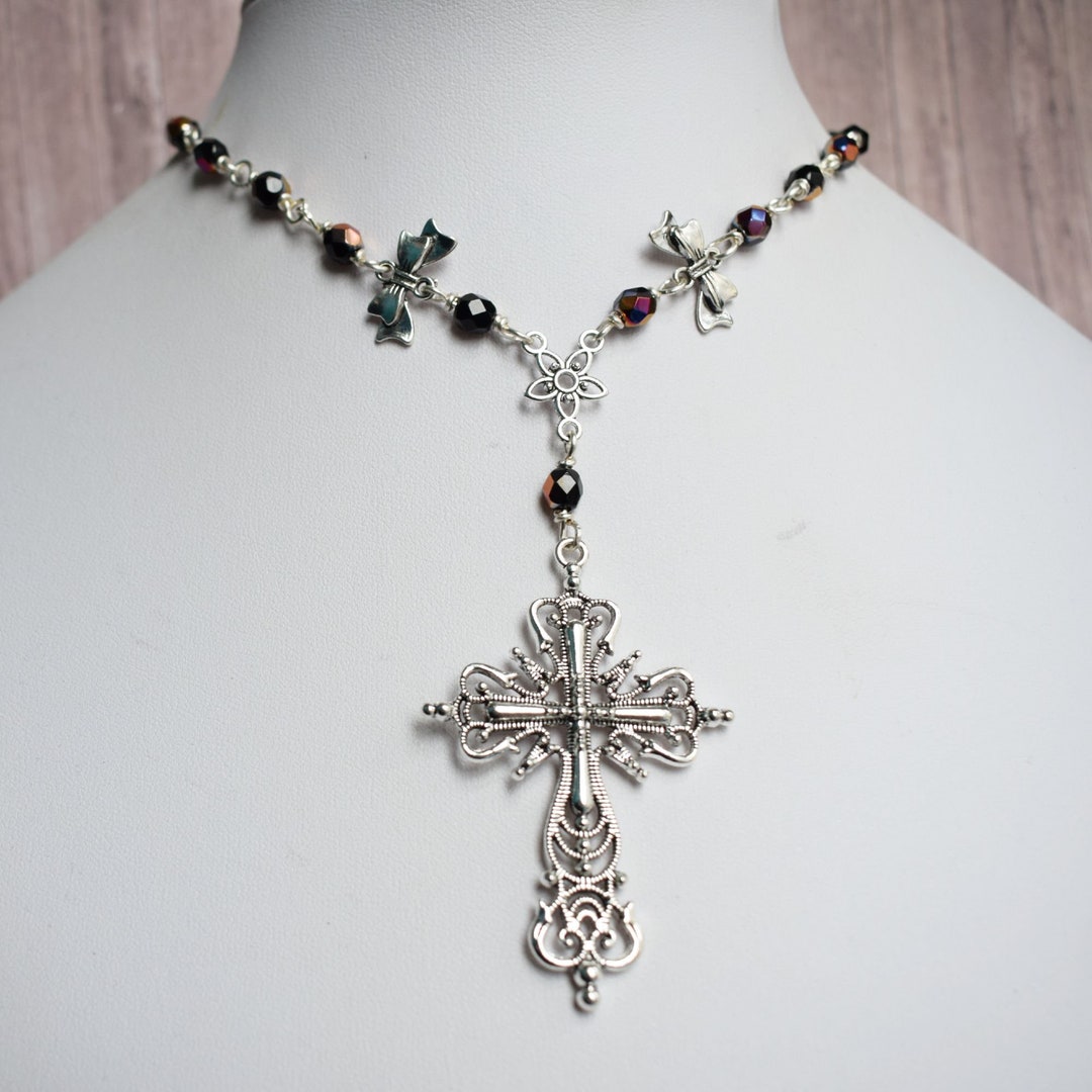 Silver Gothic Cross Necklace: Black Czech Glass Beaded Chain - Etsy