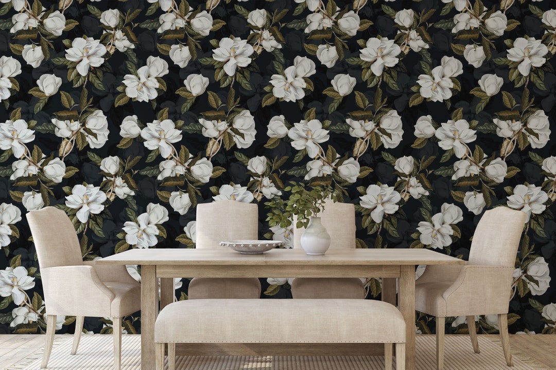 Southern Magnolia Flower Dark Wallpaper . Removable Peel and Stick, Pre ...
