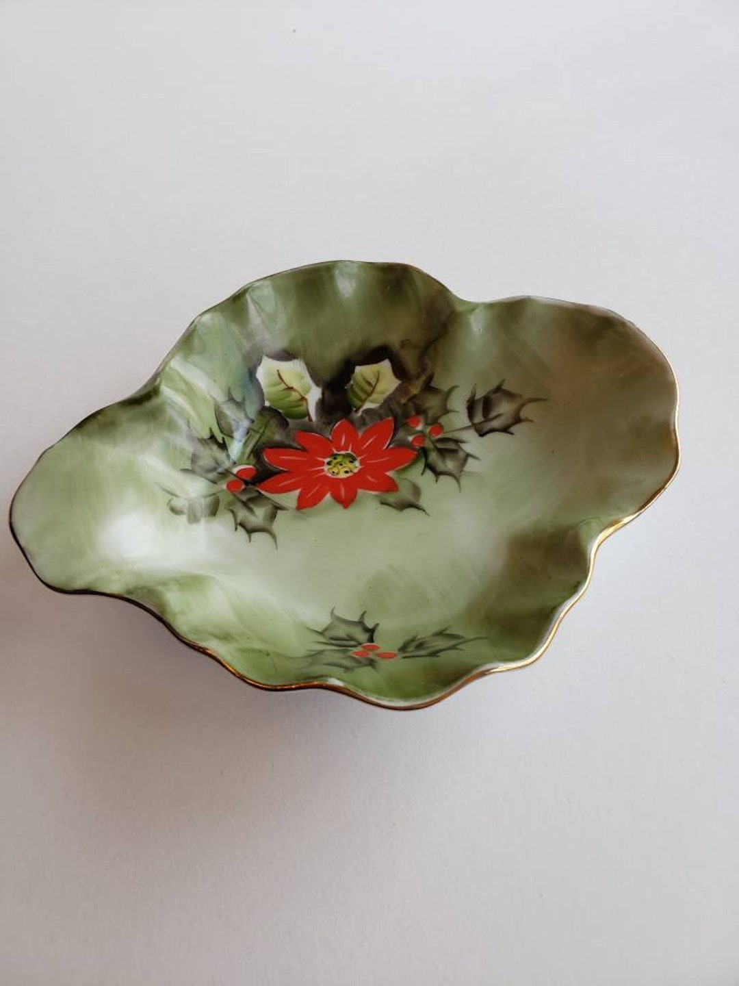 Vintage Lefton Limited Edition Poinsettia Holly Bowl Hand Painted ...