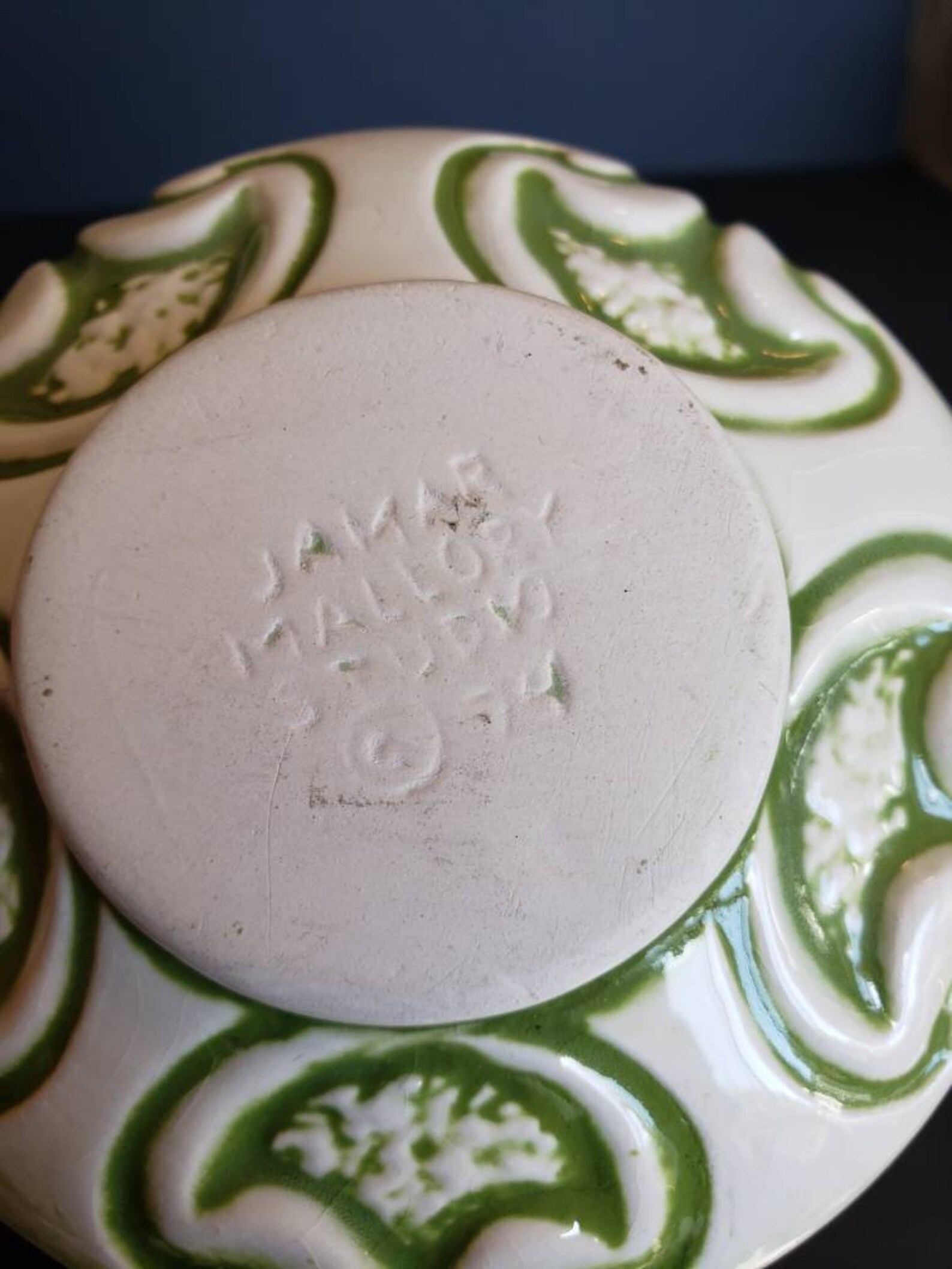 Vintage Jamar Mallory Studio Pottery Dish Bowel Green and White Leaf ...