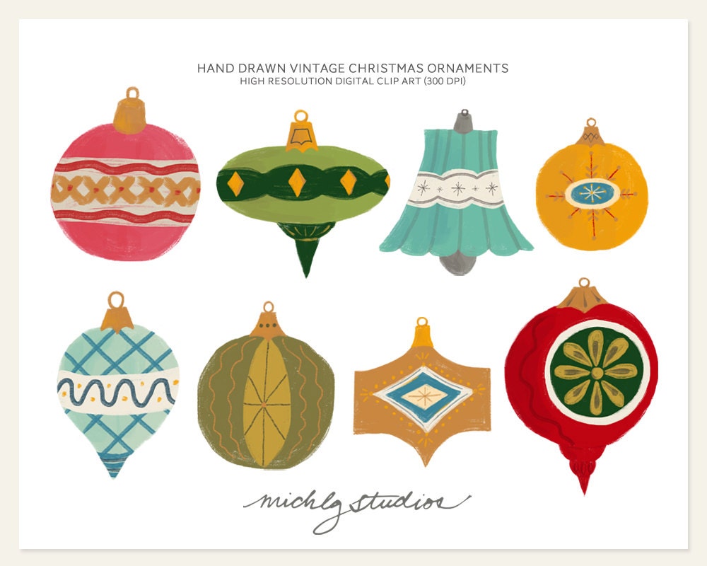 8 Hand Drawn Vintage Christmas Ornament Digital Clip Art - Etsy
