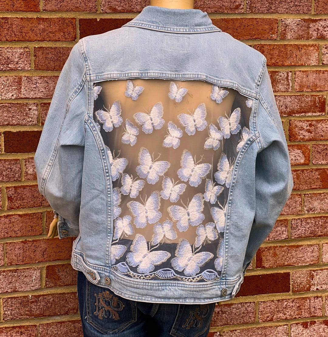 READY Jean Jacket Sheer Embroidered Lace L, Boho Wedding Denim Crop ...
