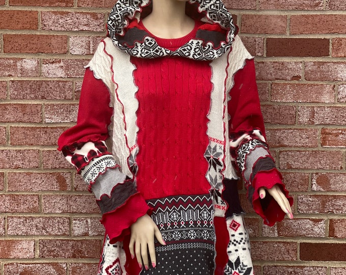 2X Christmas Sweater Tunic Hoodie Upcycled Patchwork, Fantasy Sweater ...