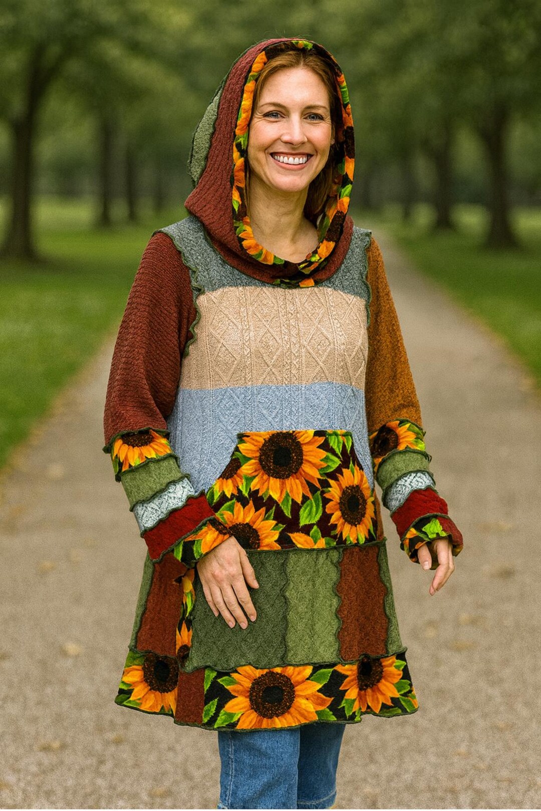 Sunflower Patchwork Sweater Dress L-XL: Upcycled Knit Boho Hoodie - Etsy