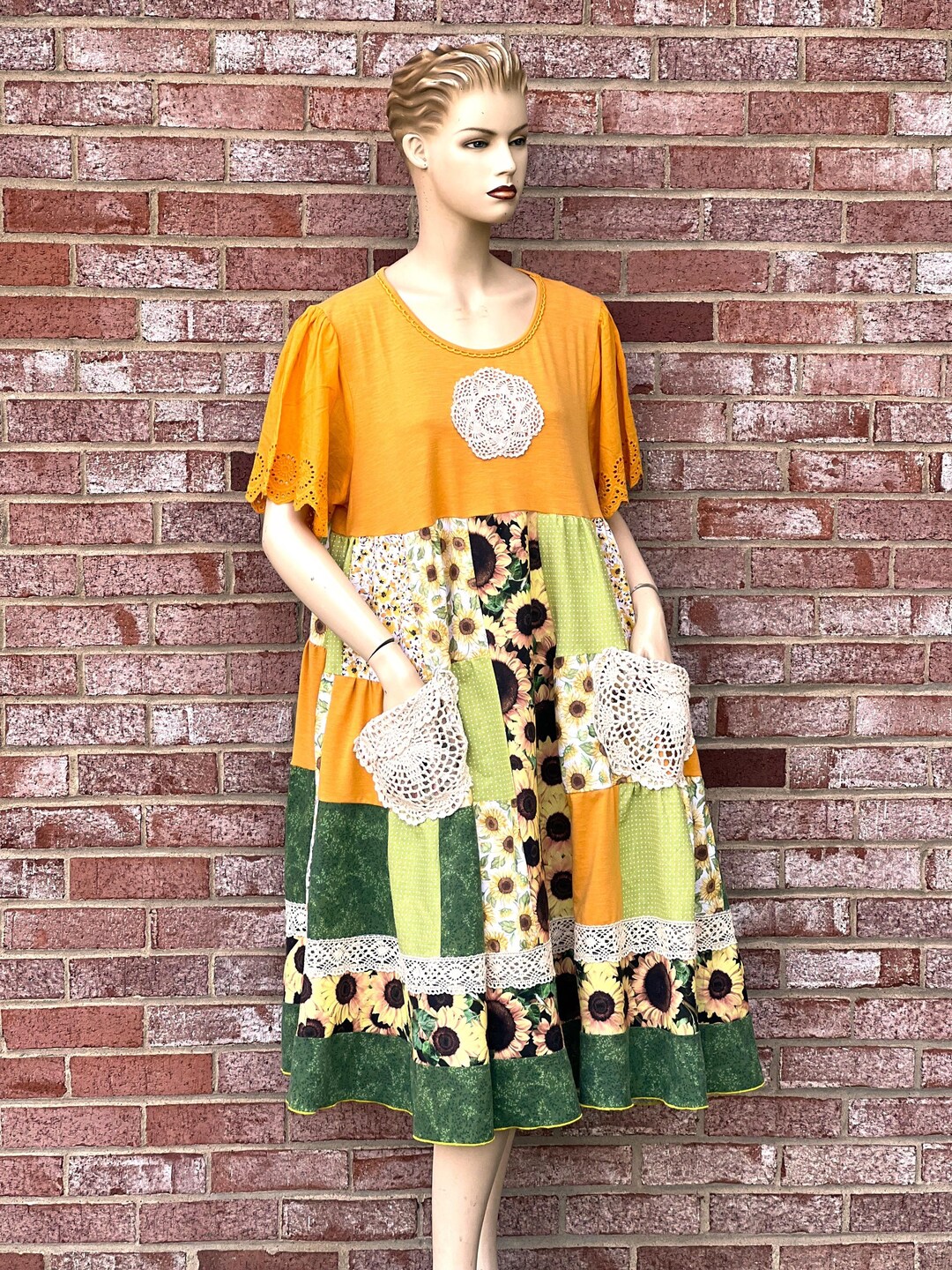 Plus Size Sunflower Patchwork Dress Cotton Tshirt Dress With Crochet ...