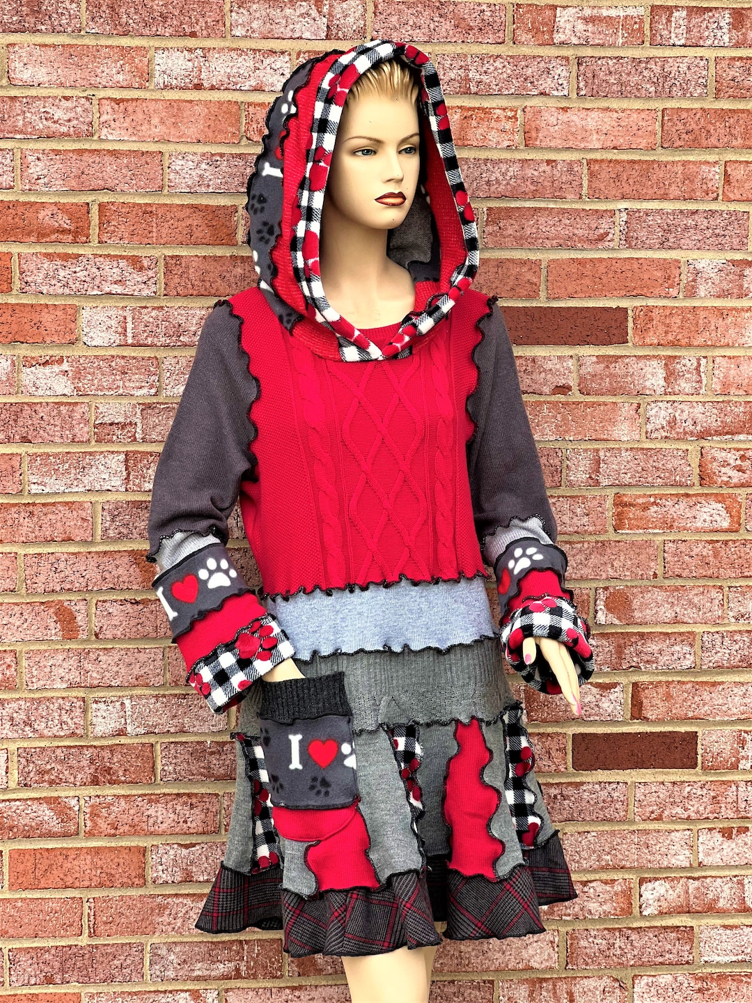 XL Dog Mom Sweater Hoodie Dress Upcycled Patchwork, Dog Lover Gift ...