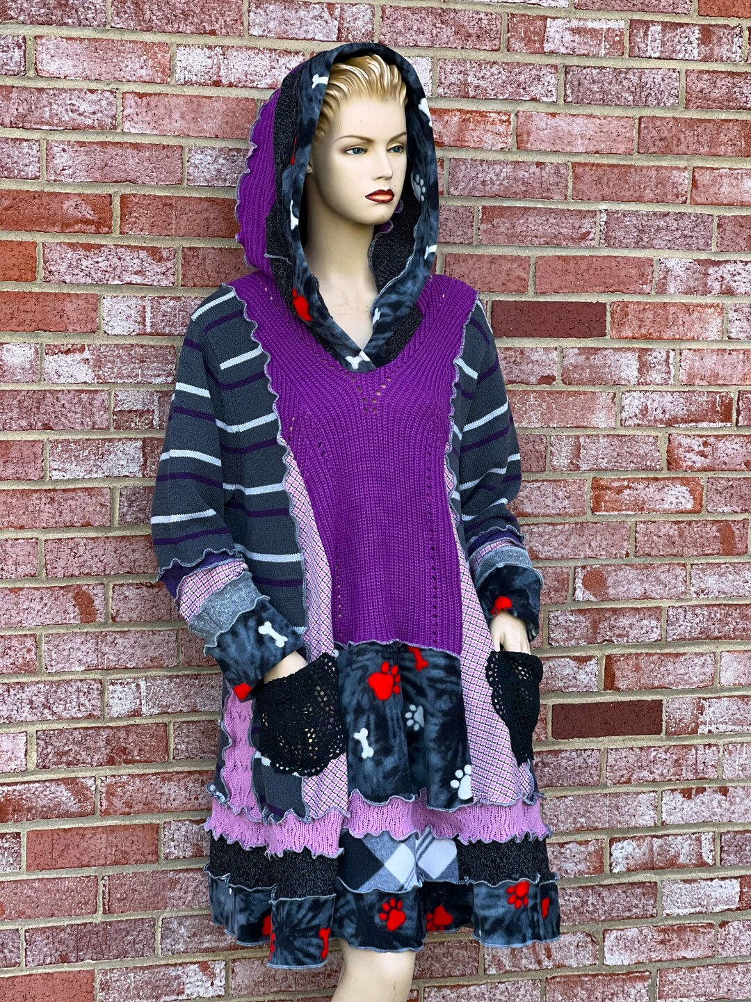 2X Dog Mom/ Walker Hoodie Upcycled Patchwork Sweater Wool-free, Plus ...