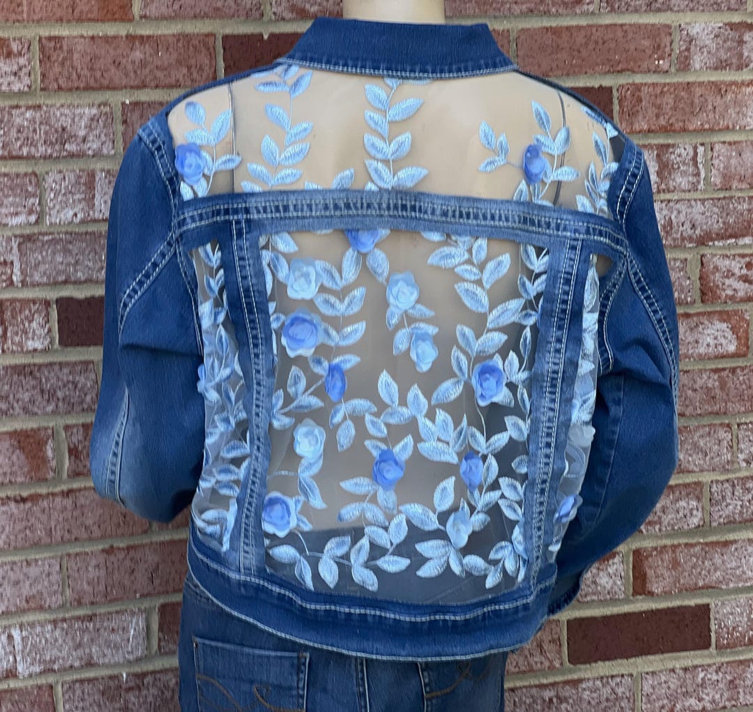Unique Lace Jean Jacket XL Customized Mesh Panels Embroidered Denim ...