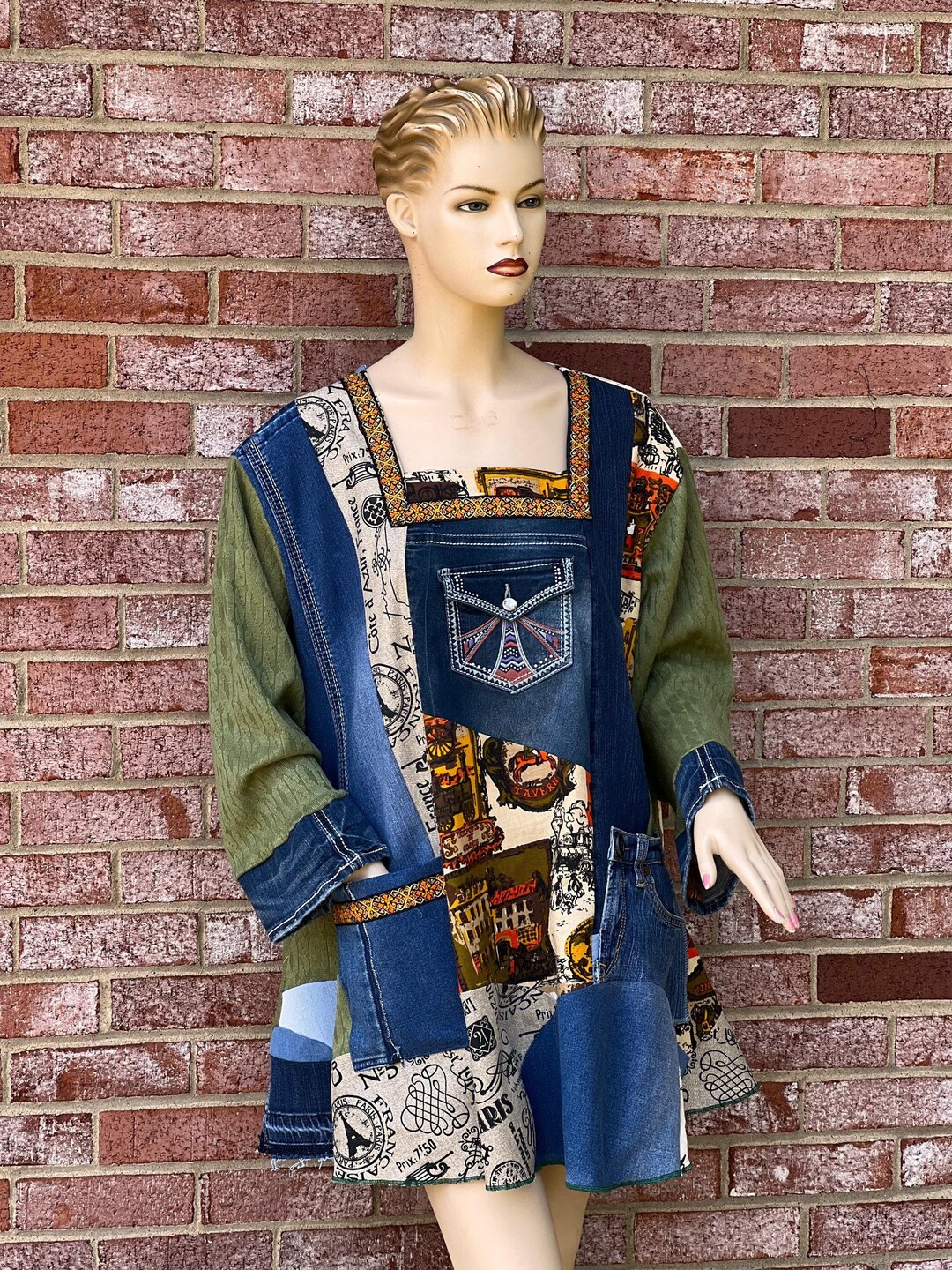 Unique Boho Denim Patchwork Top XL 2X Upcycled Branded Jeans Mini Dress ...