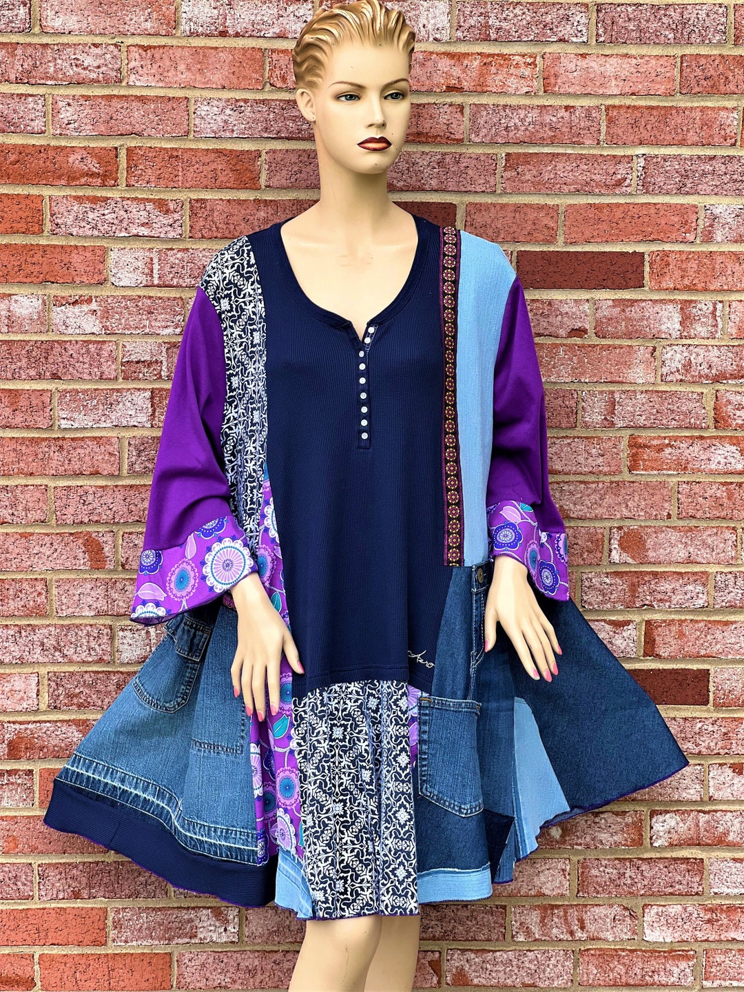 3X Oversized Tshirt Dress Denim Upcycled Patchwork, Swing Dress ...