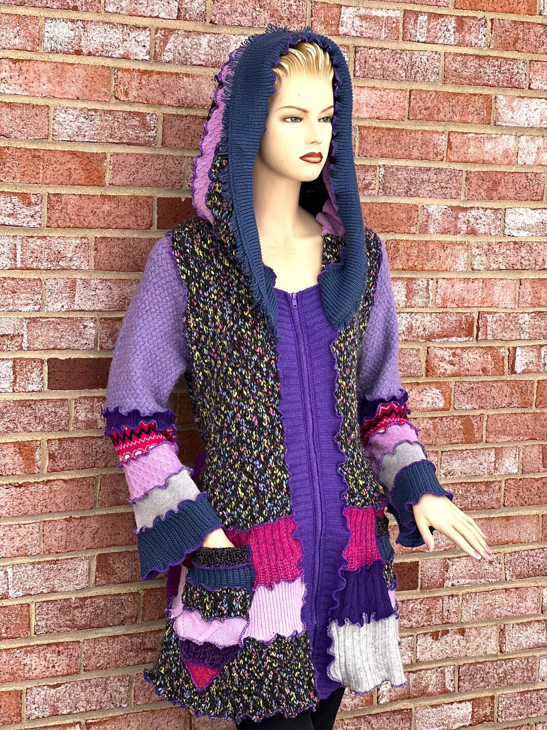 Katwise Inspired Patchwork Sweater Jacket: Upcycled Knit Hoodie, Size ...