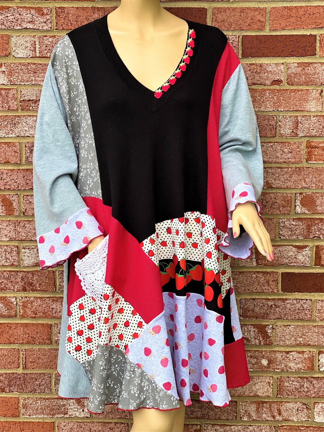 3X Bohemian Patchwork Dress Upcycled Patchwork, Strawberry Cotton Tunic Dress, Vacation Plus ...