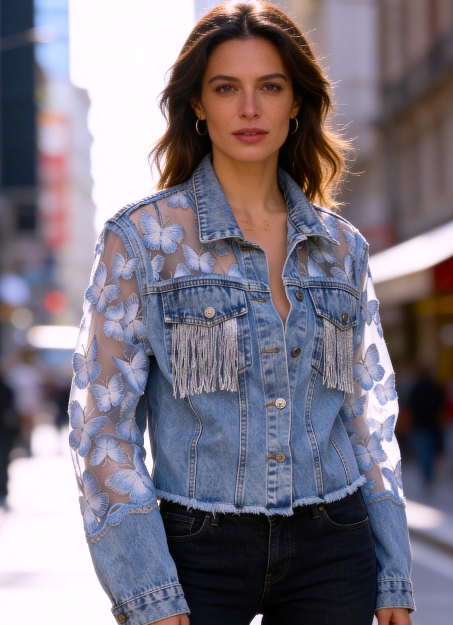 Silver Fringes Blue Jean Jacket Sheer Butterfly Mesh Boho Denim Coat ...