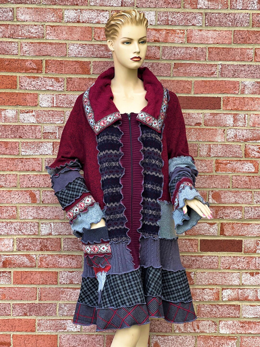 2XL Plus Size Jacket Upcycled Patchwork Long Sweater Coat for - Etsy