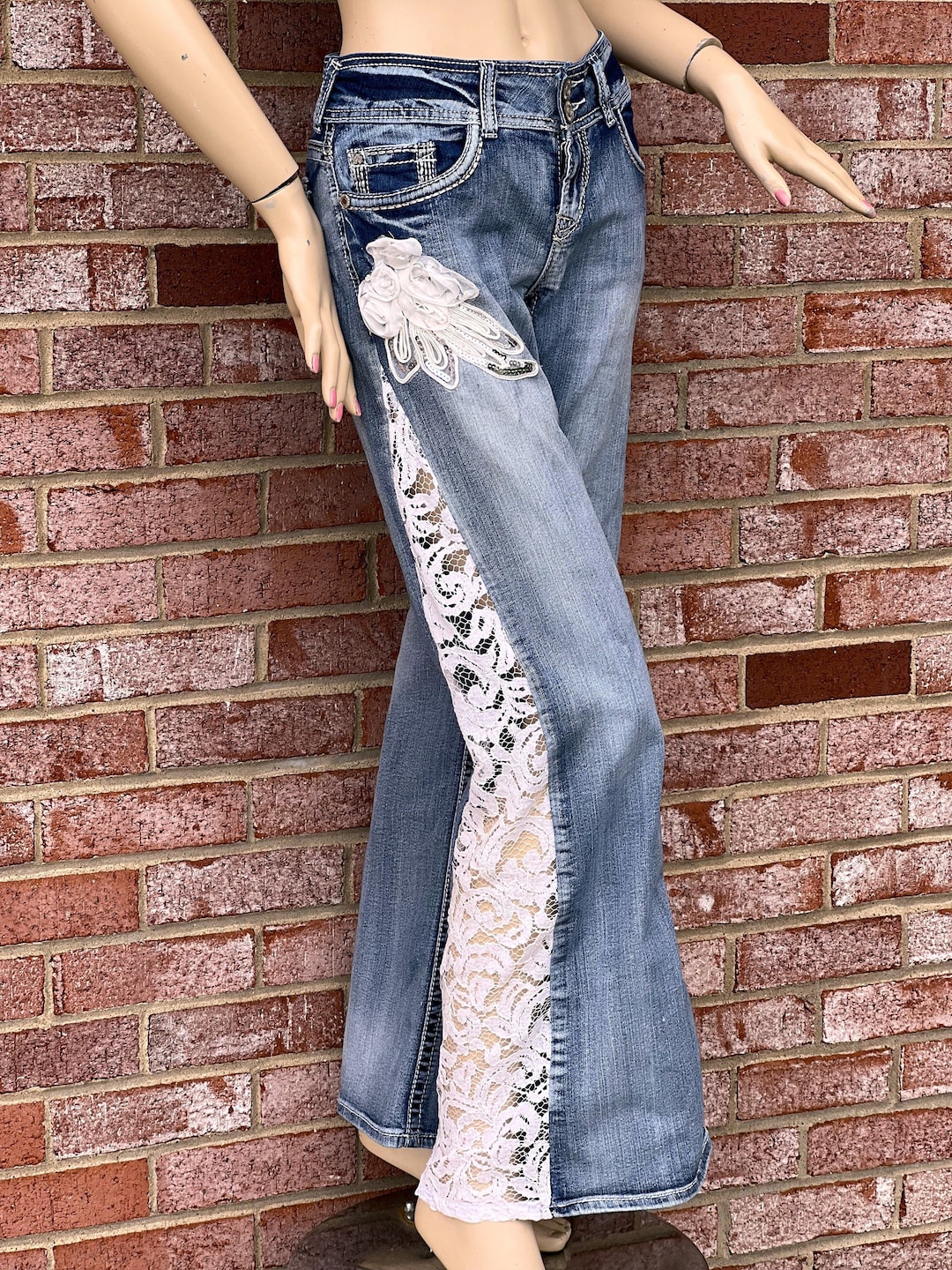 Custom Wide Leg Denim Jeans: Boho Lace Panel Personalized Women ...