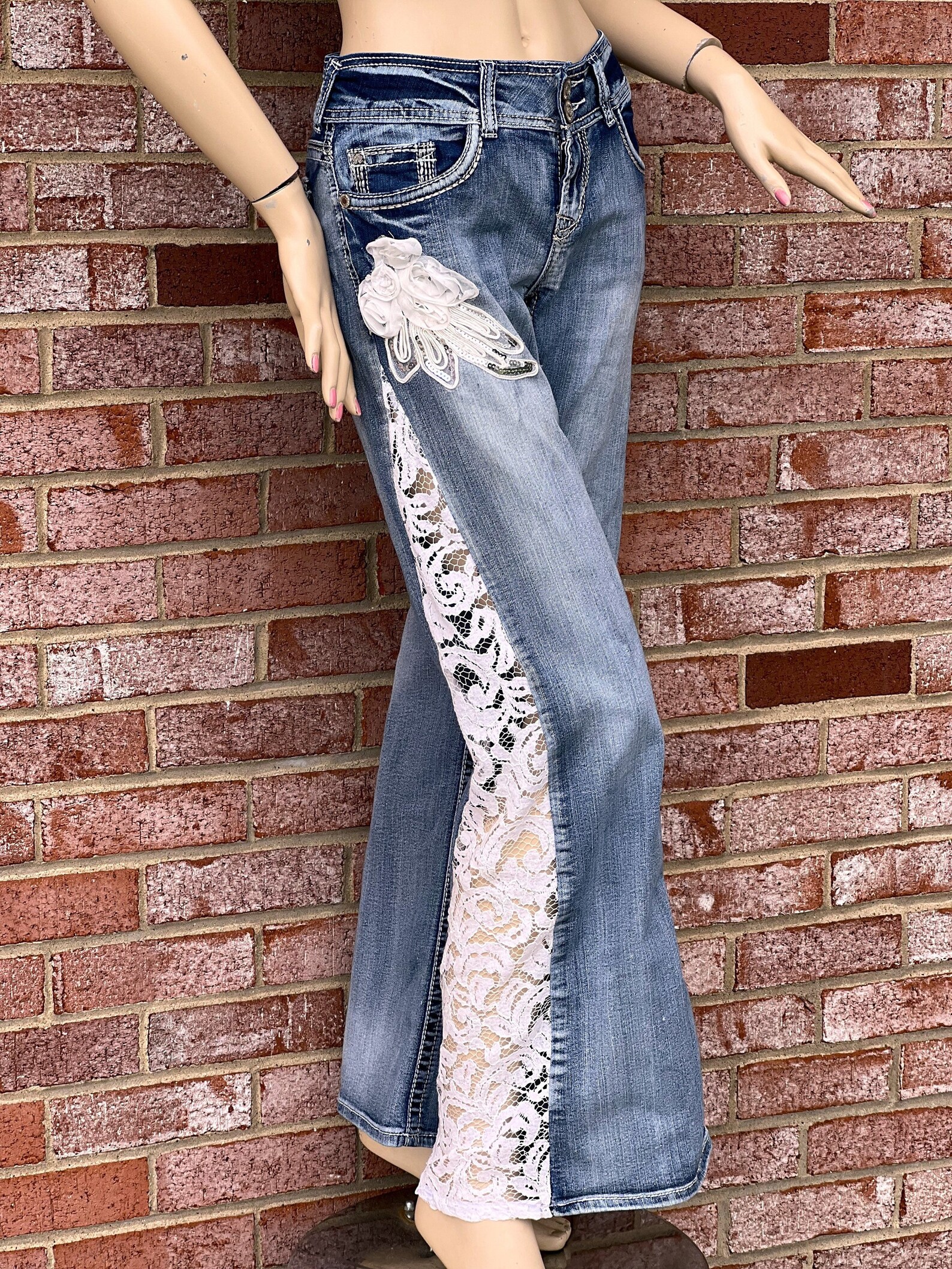 Custom Wide Leg Denim Jeans Boho Lace Panel Personalized Women Men ...