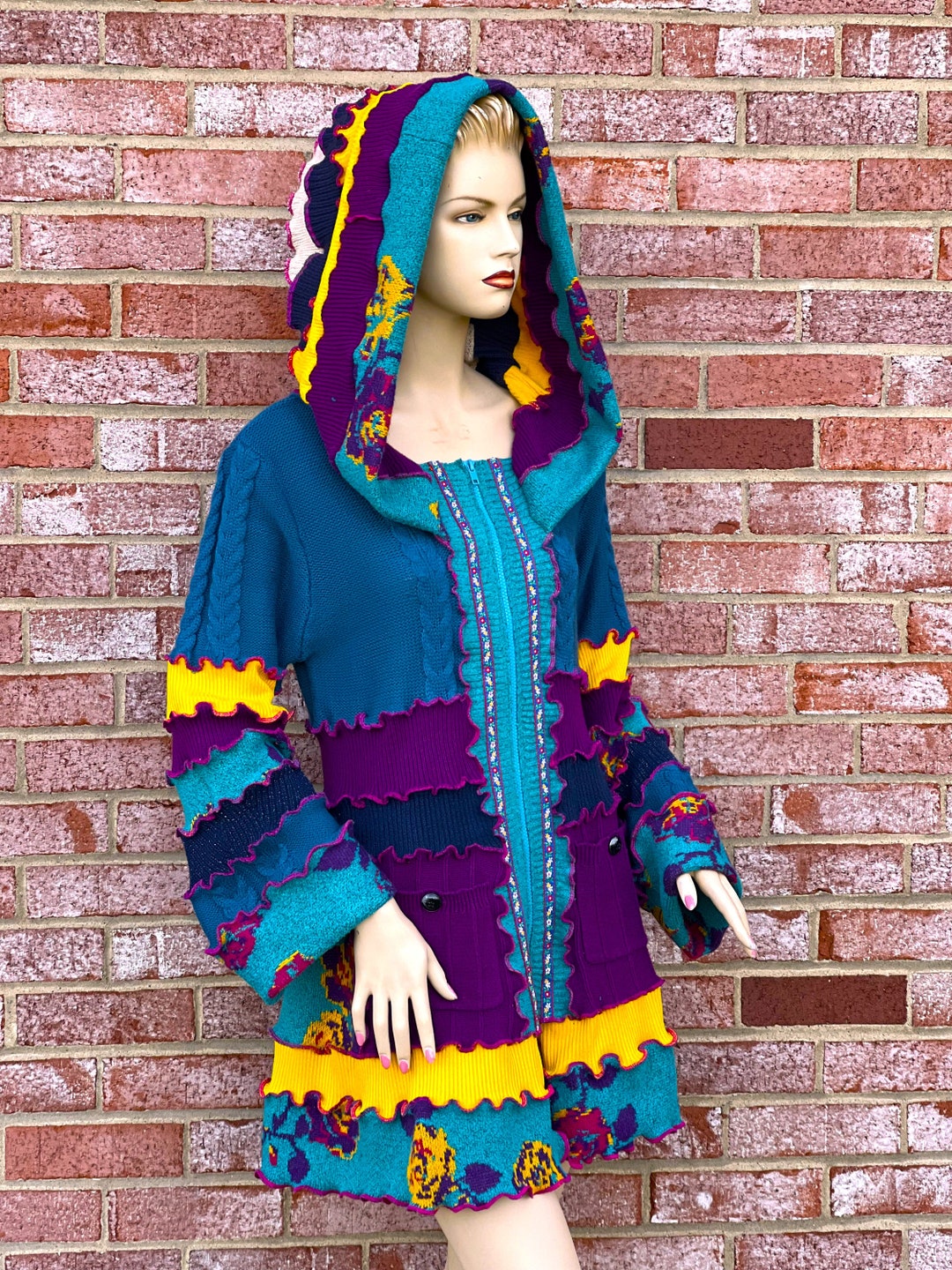 L/XL Colorful Patchwork Jacket Hoodie Upcycled Non-wool Cardigan ...