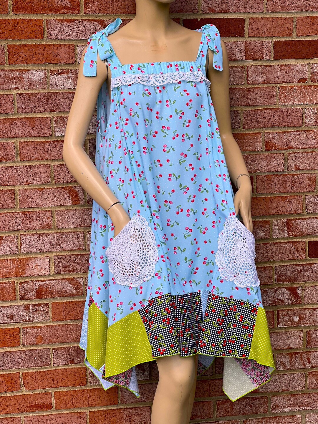 Free Size Cherry Sundress XL-3X Upcycled Patchwork, Adjustable Straps ...