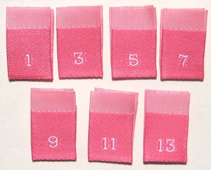Mixed Lot of 100 Pcs HOT PINK Woven Clothing Labels, Size Tags 1 3 5 7 ...