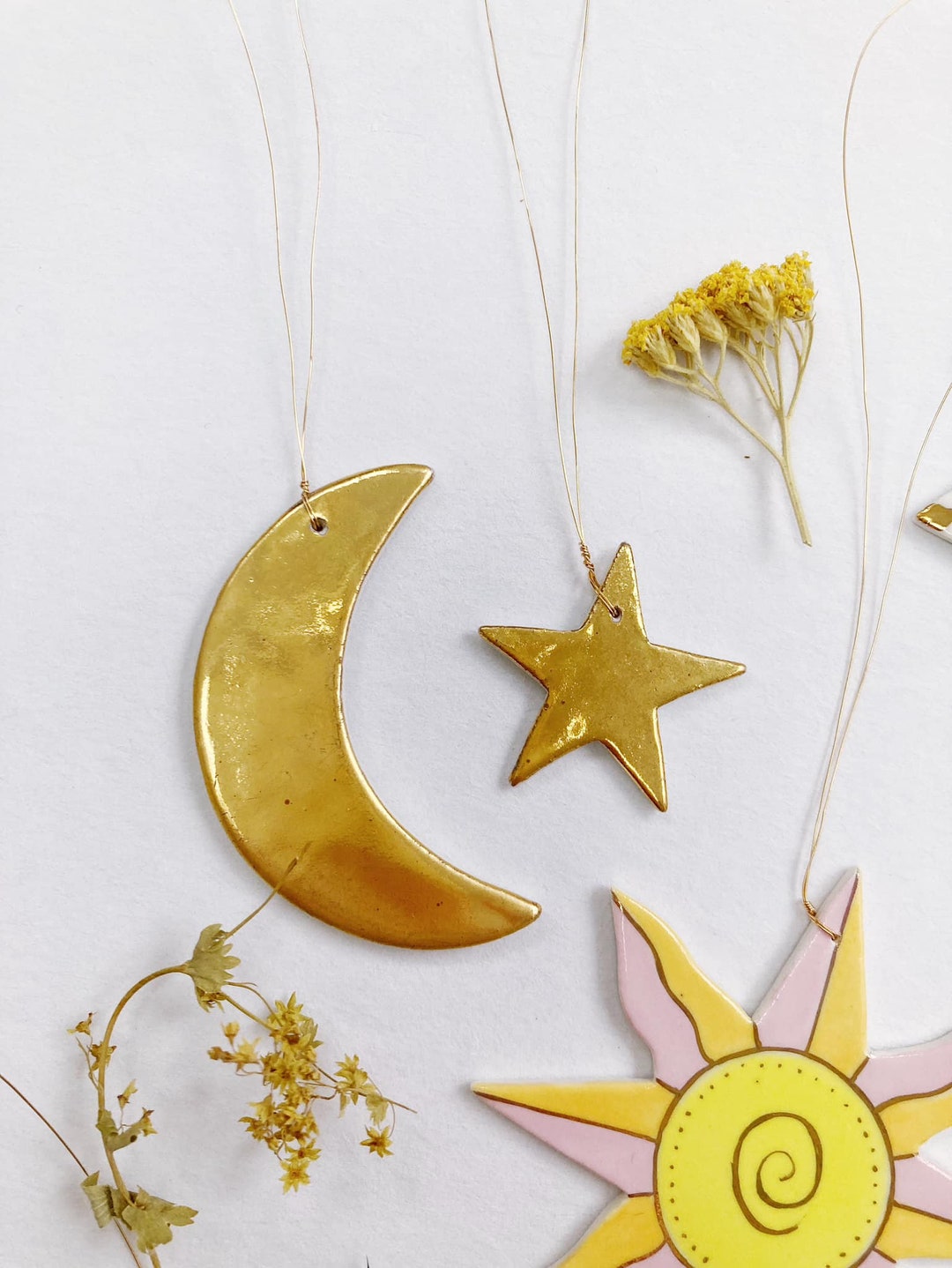 Gold Star and Crescent Moon Ceramic Christmas Tree Decorations. - Etsy