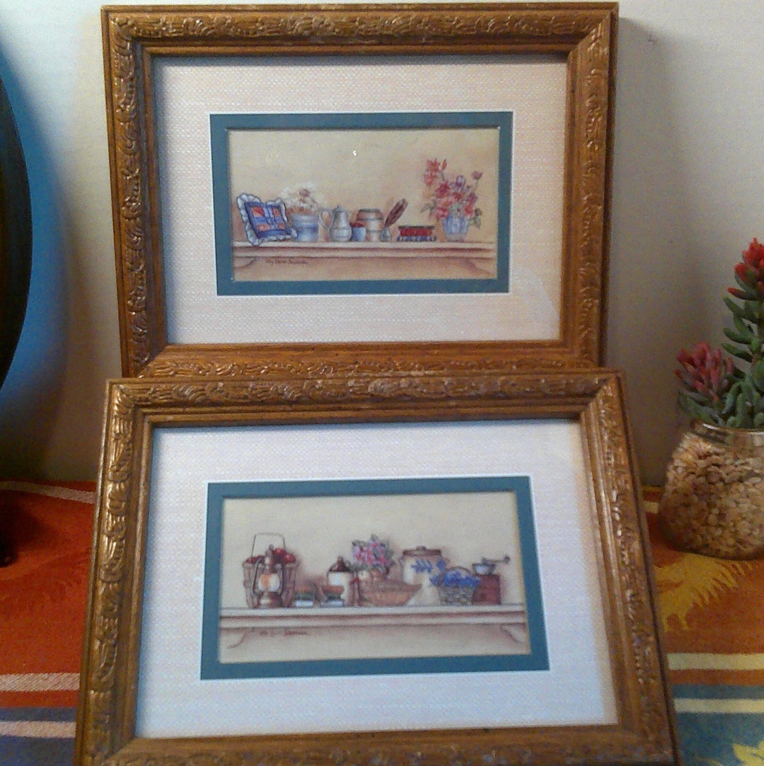 Matched Vintage 80s Primitive Prints 2 Wall Art / Wall Hangings Country ...