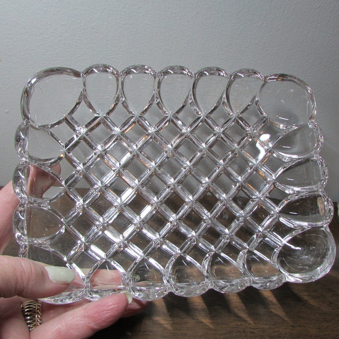 Heavy Crystal Glass Dish Rectangular Shape Ripple Rim Hatchwork Base ...