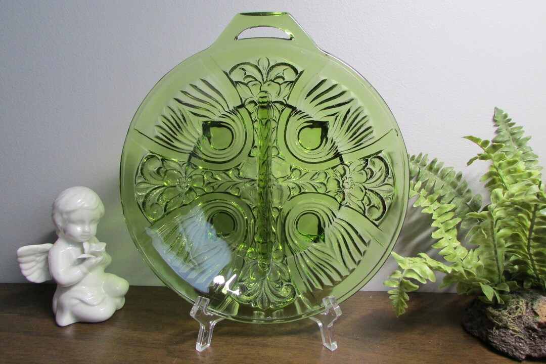 Killarney Green Tab Handle Dish 8 Indiana Glass 2 Sections Relish ...
