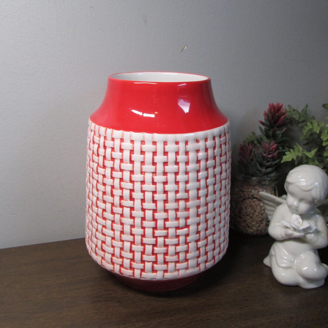 Red & White Ceramic Vase, Heavy Sturdy Wide Mouth, Basket Weave Pattern ...