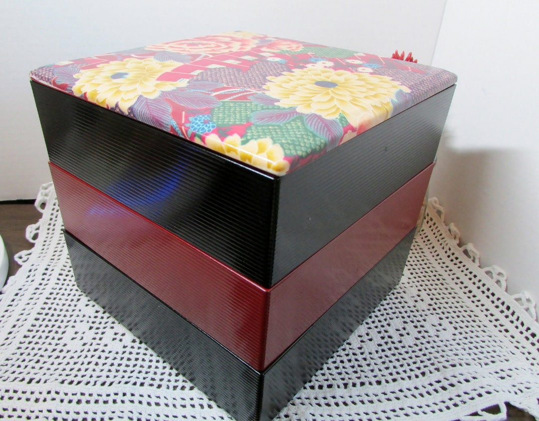 Asian Faux Lacquer Stacking Boxes Red / Black / Floral Lid Decorative ...