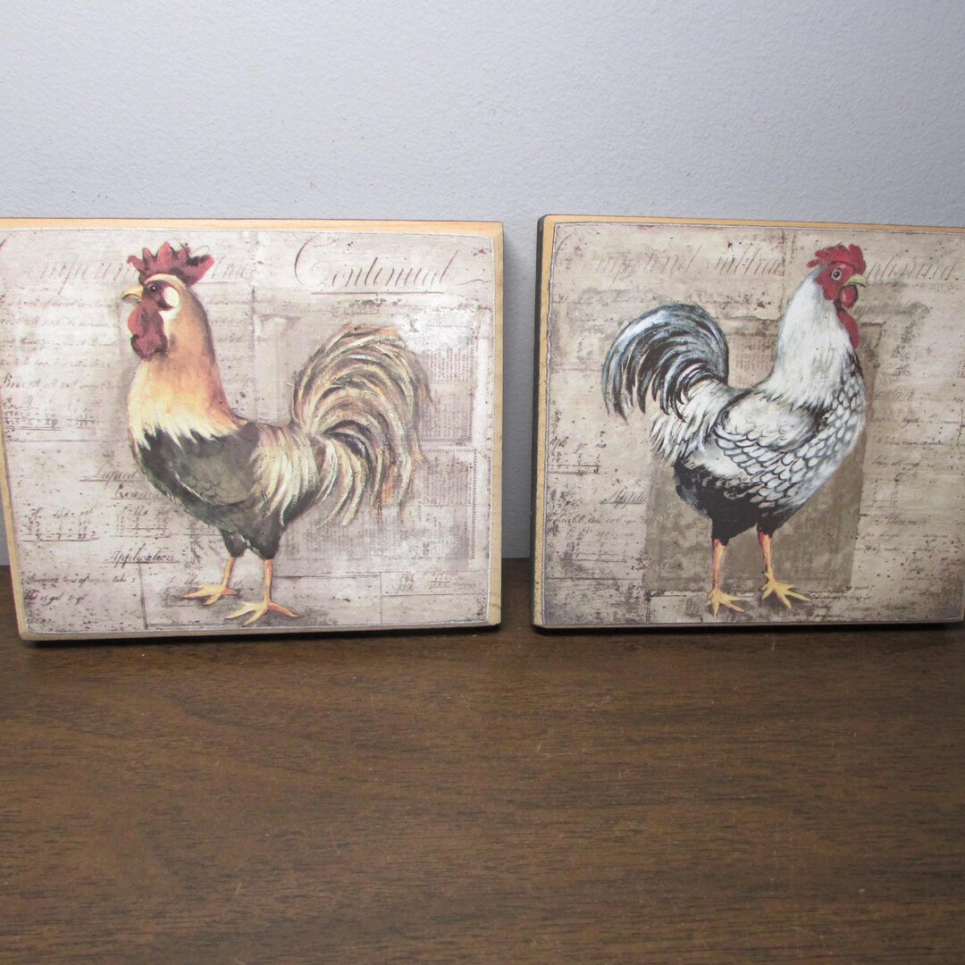 Wood Block Chicken Rooster Decoupage Plaques, Set of 2 Hand Made in USA ...