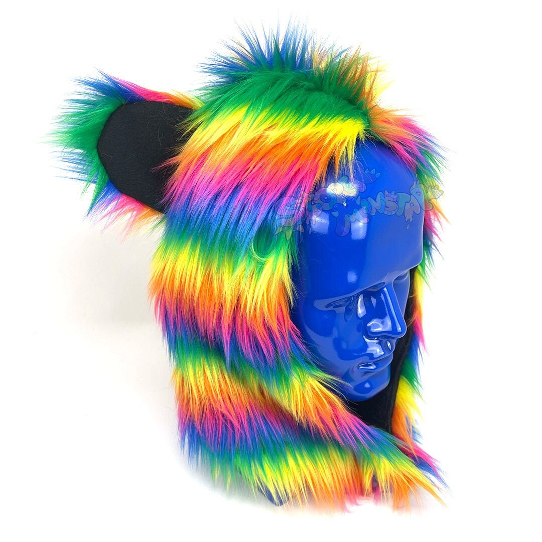Classic Rainbow Hood - Cat Hat - Bear Hat - Furry Hat - Raver Hood - Etsy