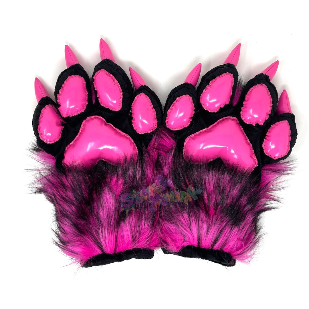 Hot Pink & Black Furry Paw Gloves - Etsy