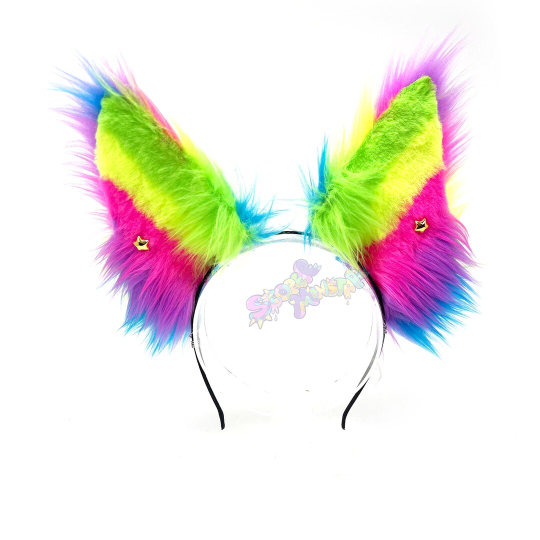 Large Neon Raver Rainbow Ears - Fur Suit Ears - Pride Ears - Cosplay ...